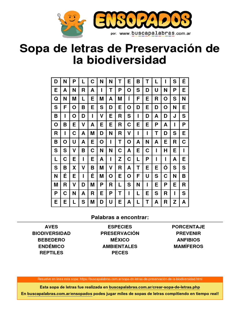 Sopa de letras: Preservación biodiversidad | PDF | Zoología ...