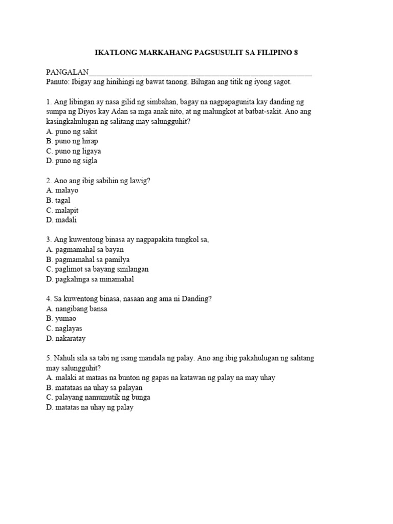 Ikatlong Markahang Pagsusulit Sa Filipino 8 | PDF