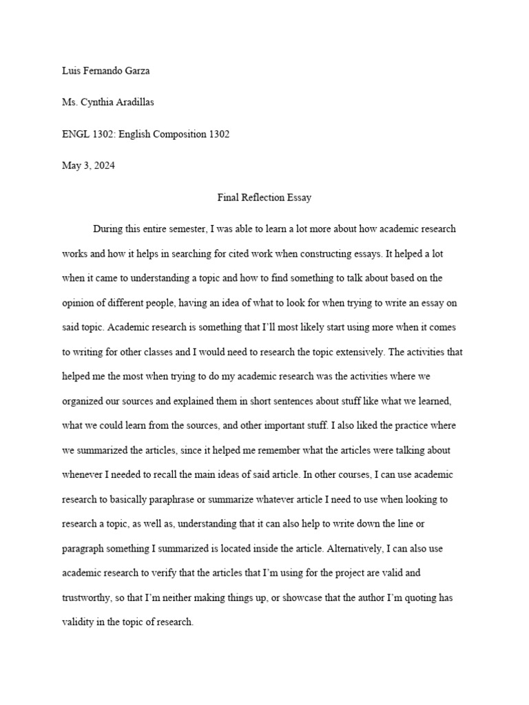 Final Reflection Essay | PDF | Essays | Thought