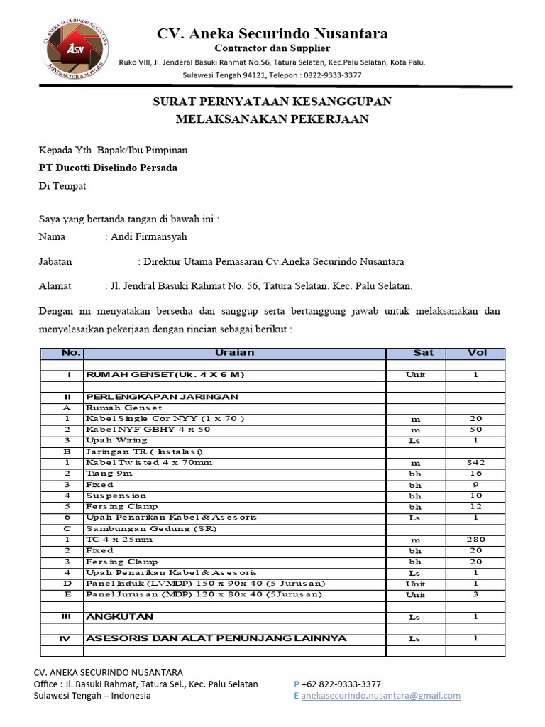 Surat Kesanggupan CV Aneka Securindo | PDF