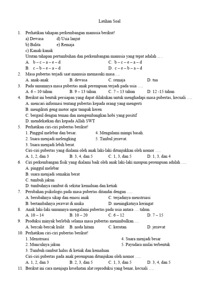 Latihan Soal Pubertas Kelas 6 | PDF