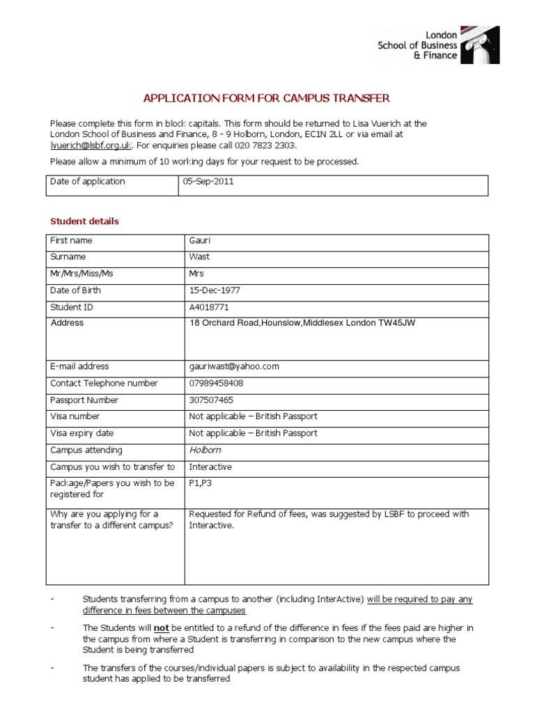 Campus Transfer Application Form | PDF | Debit Card | Fee