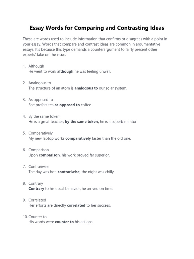 Essay Words For Comparing and Contrasting Ideas | Download Free PDF ...