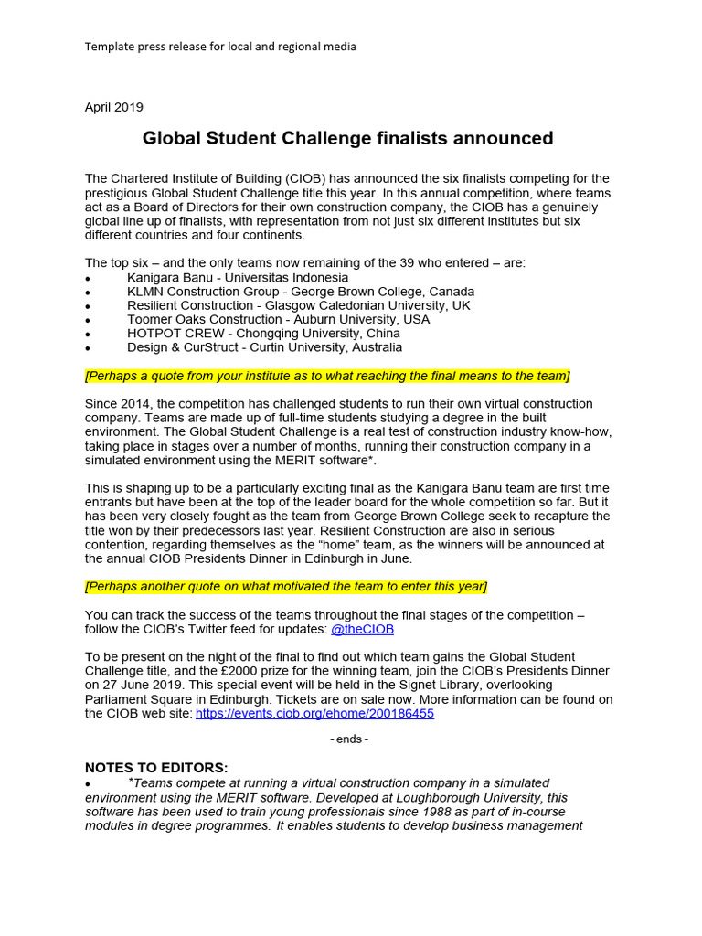 GSC 2019 Finalists Announced Editable Press Release | PDF