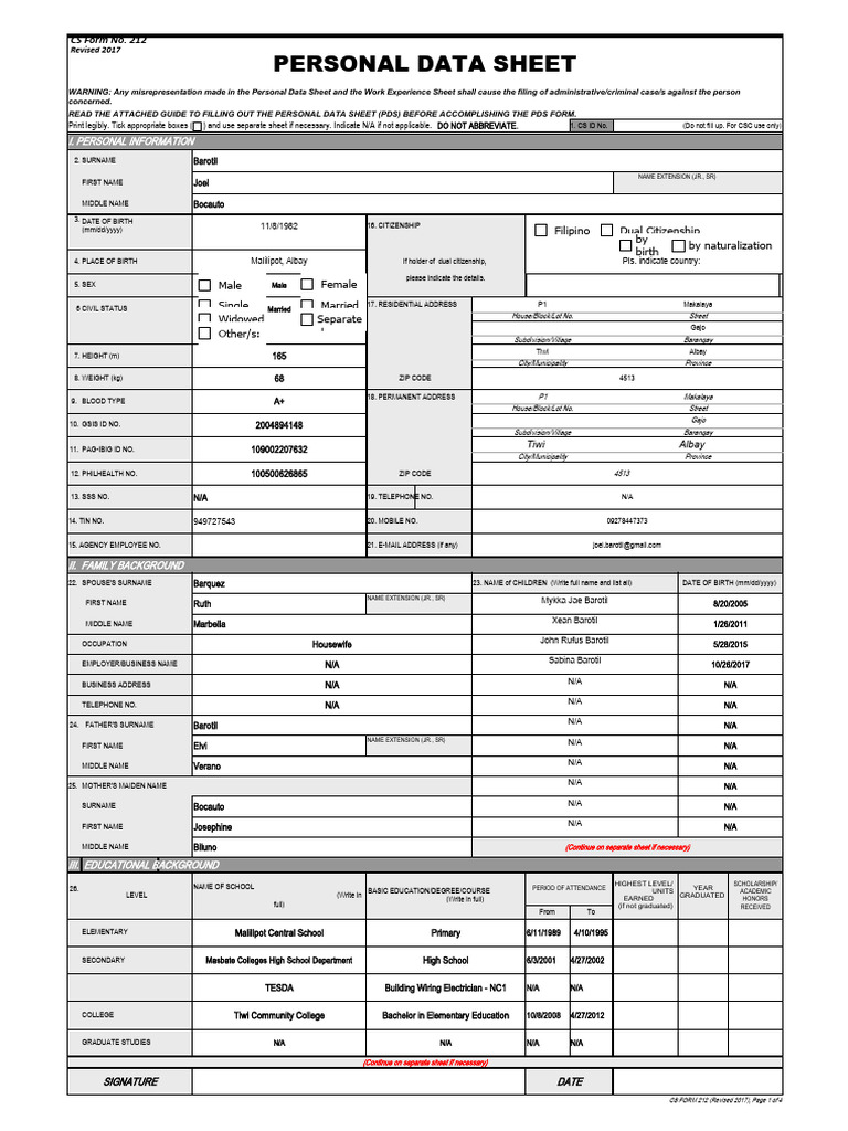 CS Form No. 212 Personal Data Sheet Revised | PDF | Affidavit | Justice