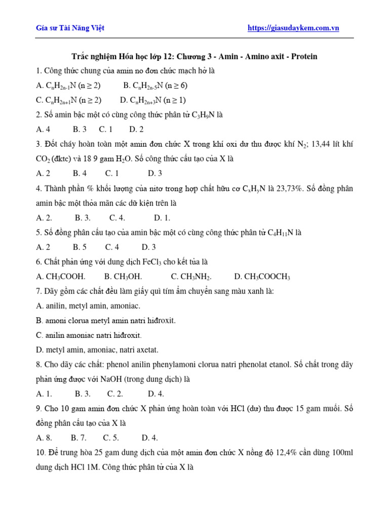 Tai Lieu Mon Hoa Lop 12 Bai Tap Trac Nghiem Amin Amino Axit Protein Op 12 Chuong 3 Amin Amino ...