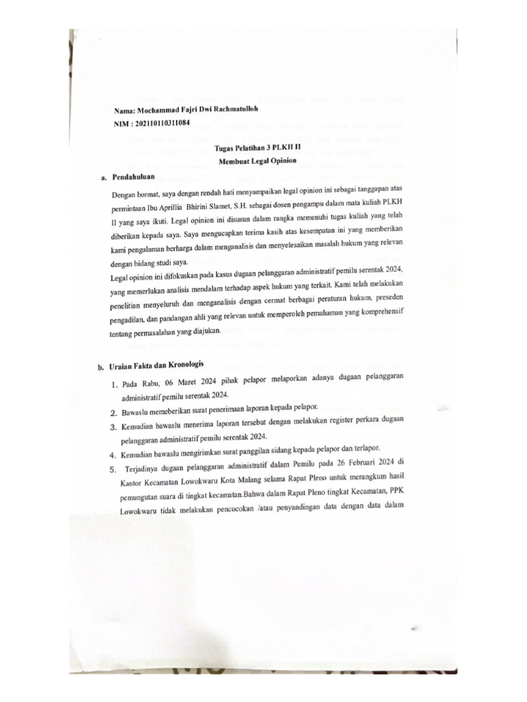 084 - Mochammad Fajri Dwi Rachmatulloh - Legal Opinion PLKH 2 | PDF