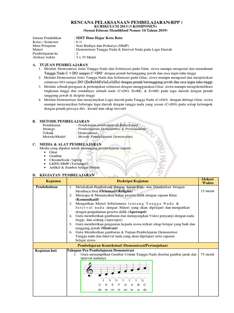 RPP SBDP - Demonstrasi Tangga Nada & Solmisasi - Kelas 6 - (RUDI PURNOMO - 858858361) | PDF
