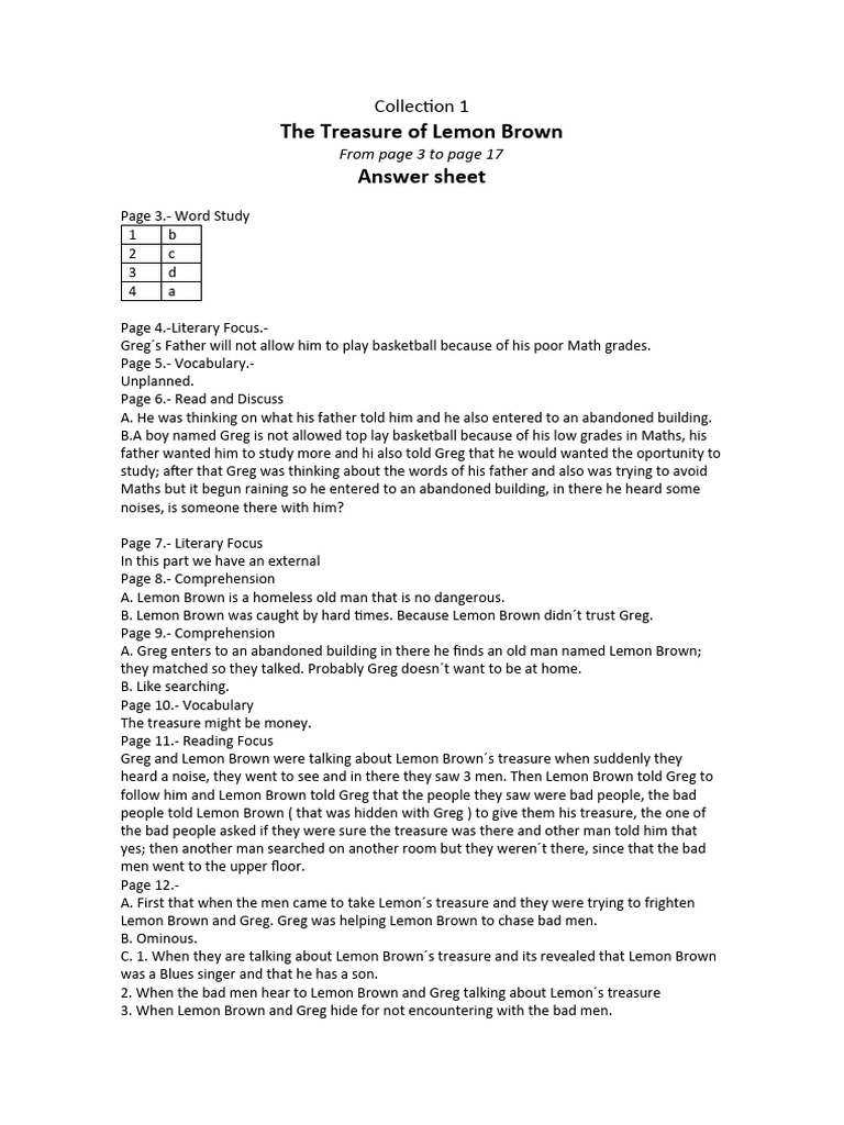 Answer Sheet For The Treasure of Lemon Brown | PDF