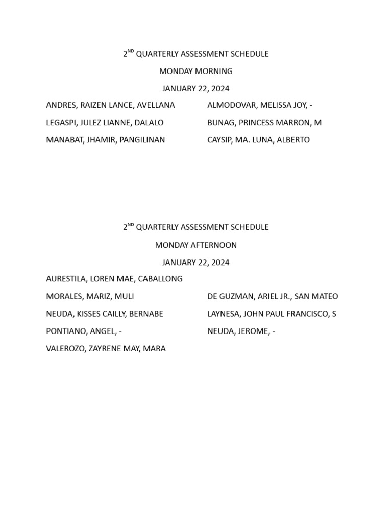 2ND Quarterly Assessment Schedule | PDF