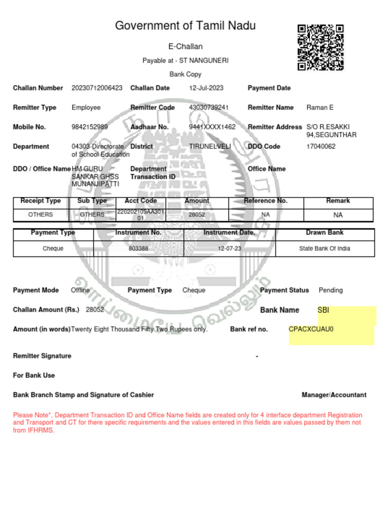 Government of Tamil Nadu: E-Challan | PDF | Cheque | Payments