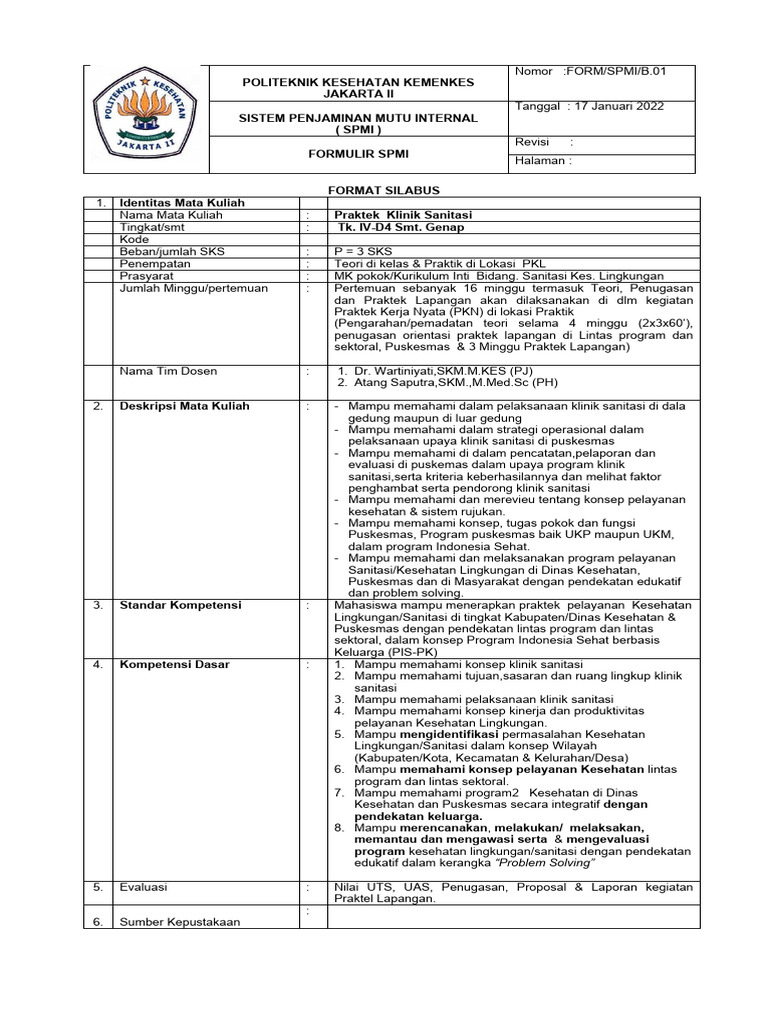 SILABUS PRAK-KinikSanitasi 2021-2022 Dengan Pak Atang | PDF