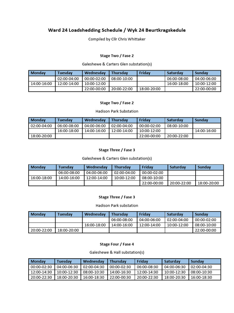 Ward 24 Loadshedding Schedule - Stage 2 To Stage 6 | PDF
