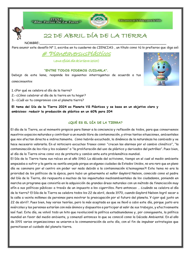 DIA DE LA TIERRA - 4tos y 5tos | PDF | Entorno natural | Ciencias de la ...