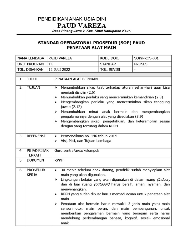 1 Sop Paud Penataan Alat Main | PDF