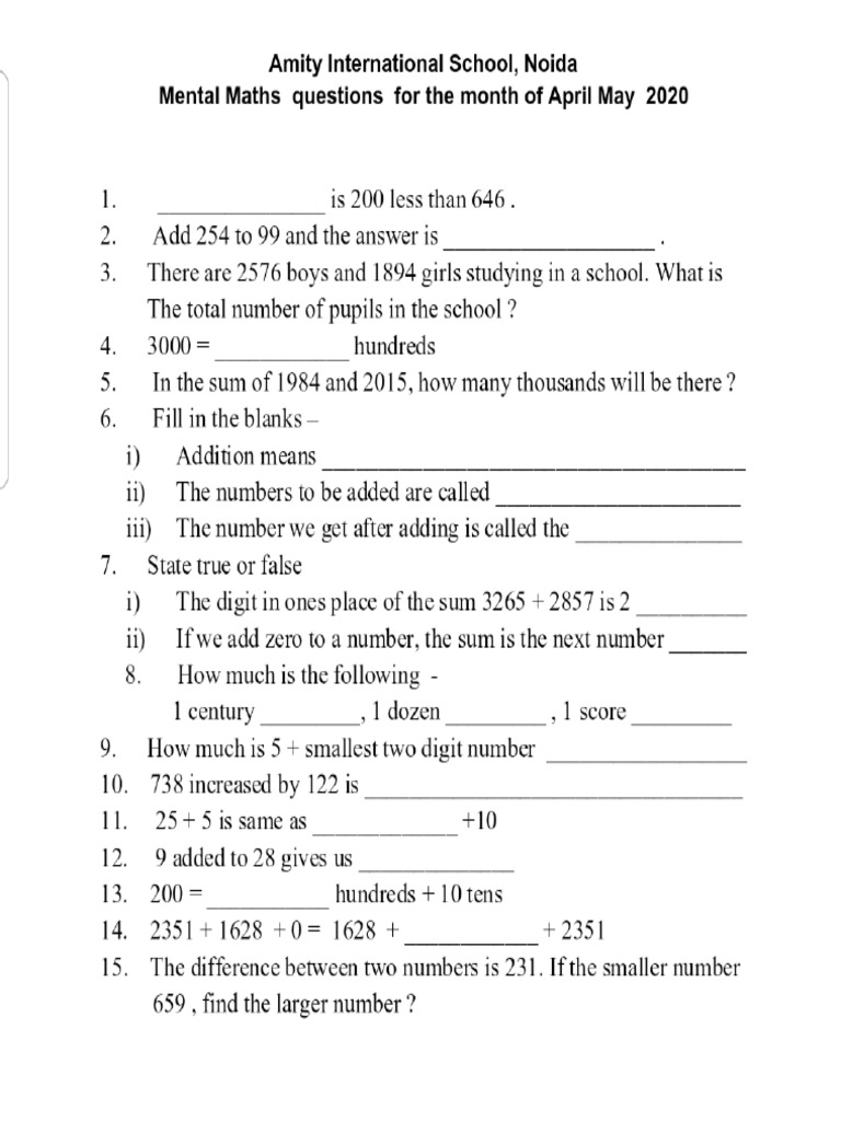 Amity Class 3 Mental Maths | PDF