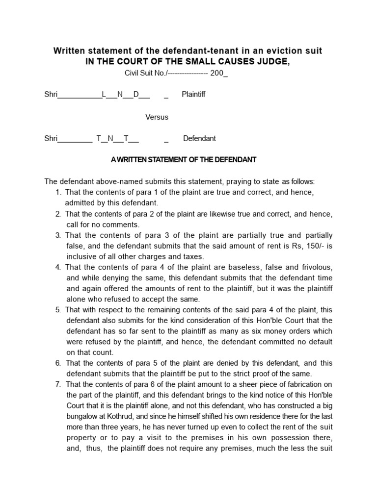 Written Statement of The Defendant-Tenant in An Eviction Suit in The ...