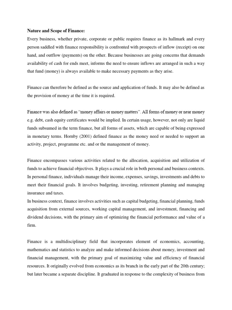Nature and Scope of Finance | PDF | Profit (Economics) | Investing