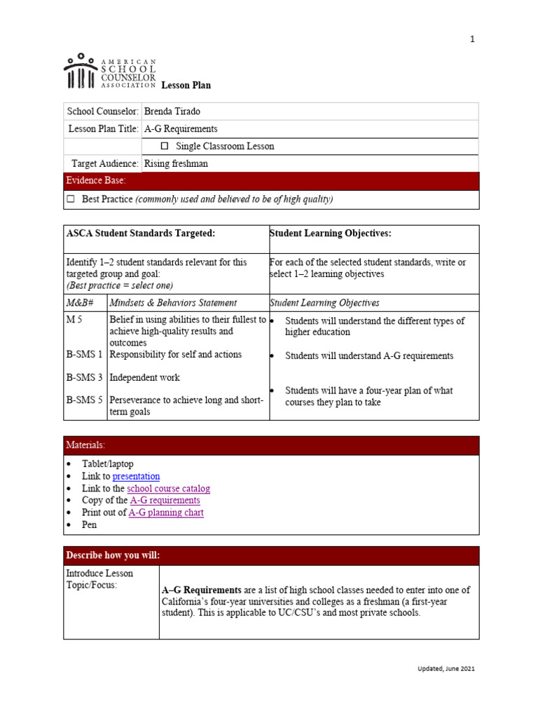 A-G Requirements Lesson Plan | PDF | Lesson Plan | School Counselor