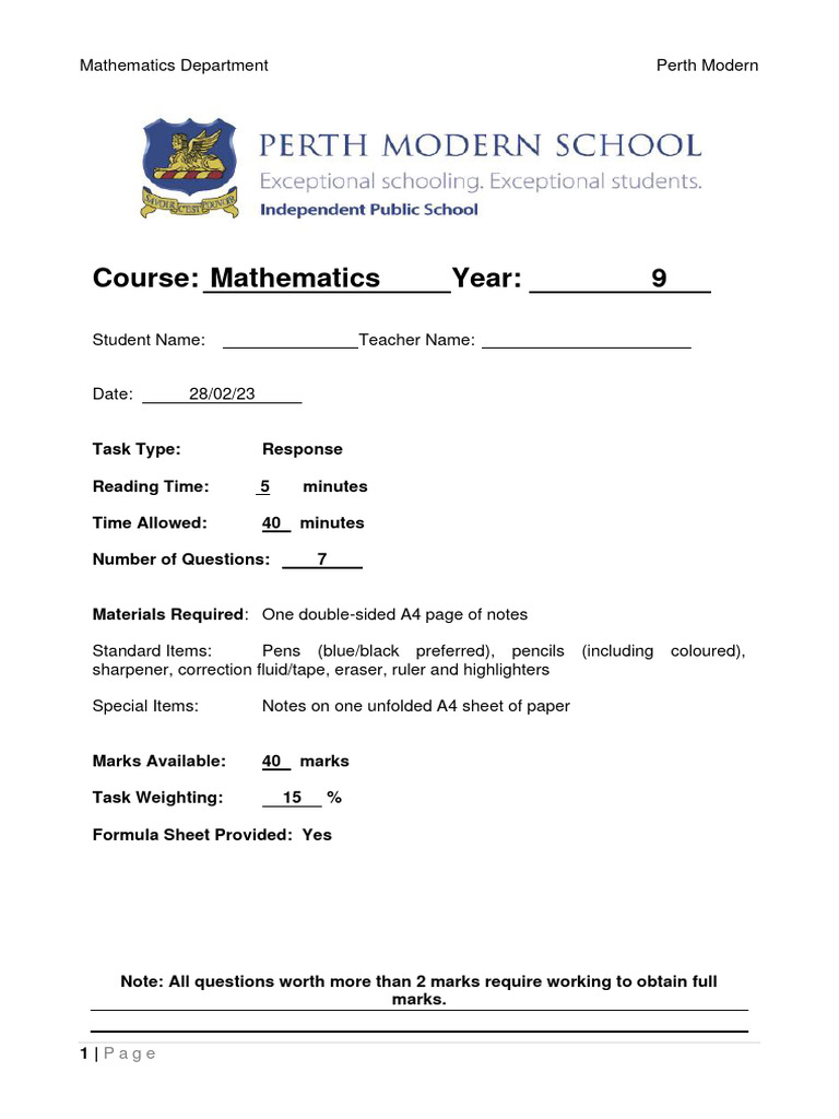 2023 Year 9 Test 1 - Index Laws, Surds and Financi - 240428 - 164359 ...