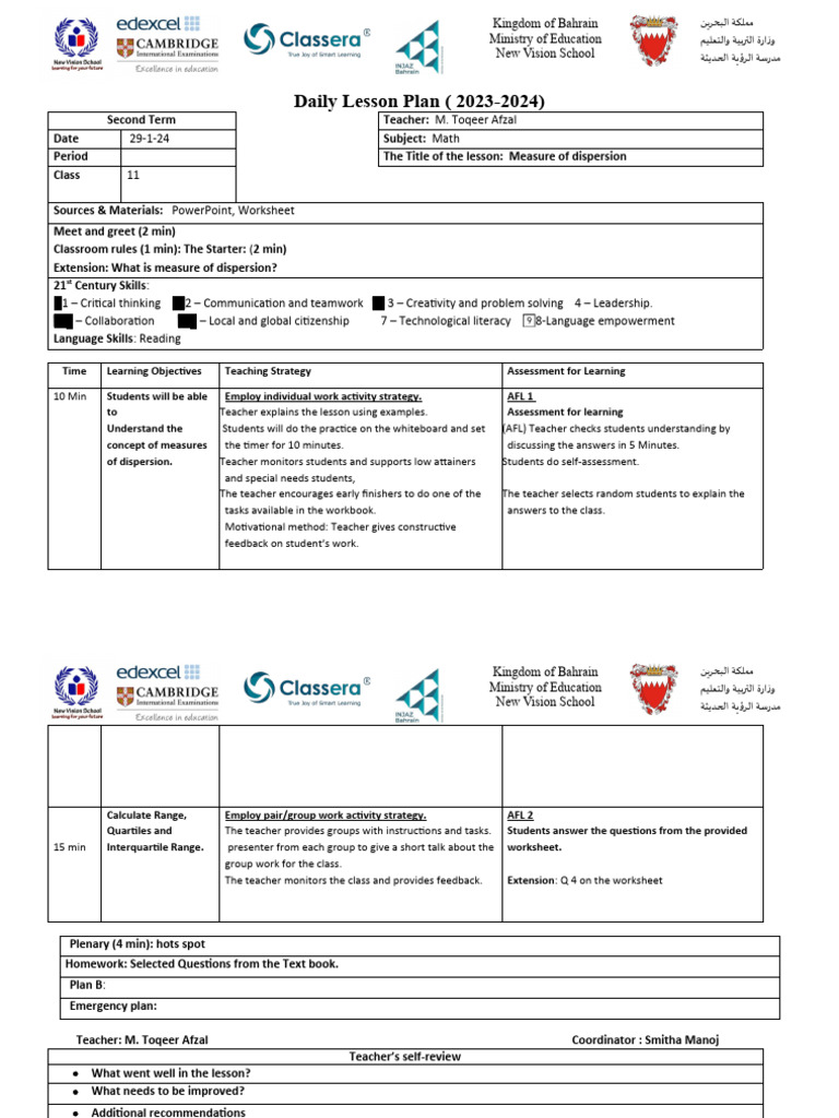 28-01-2023 G11-Lesson Plan | PDF | Teachers | Worksheet
