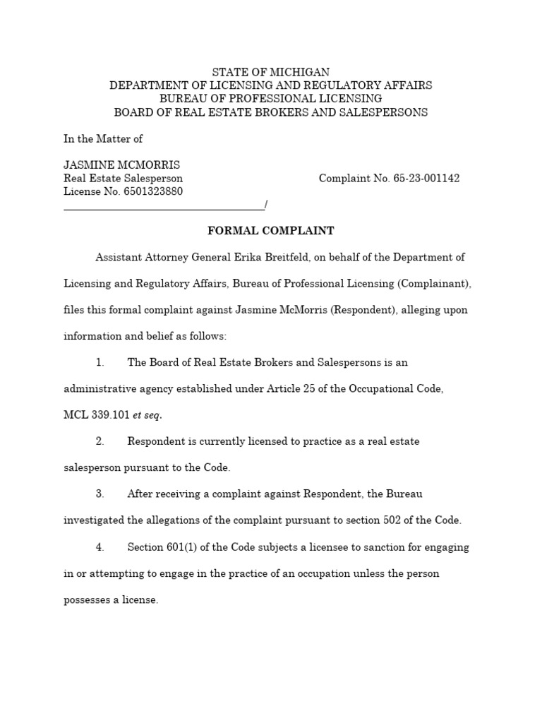 Complaint Against Real Estate Agent McMorris | PDF | Felony | Misdemeanor