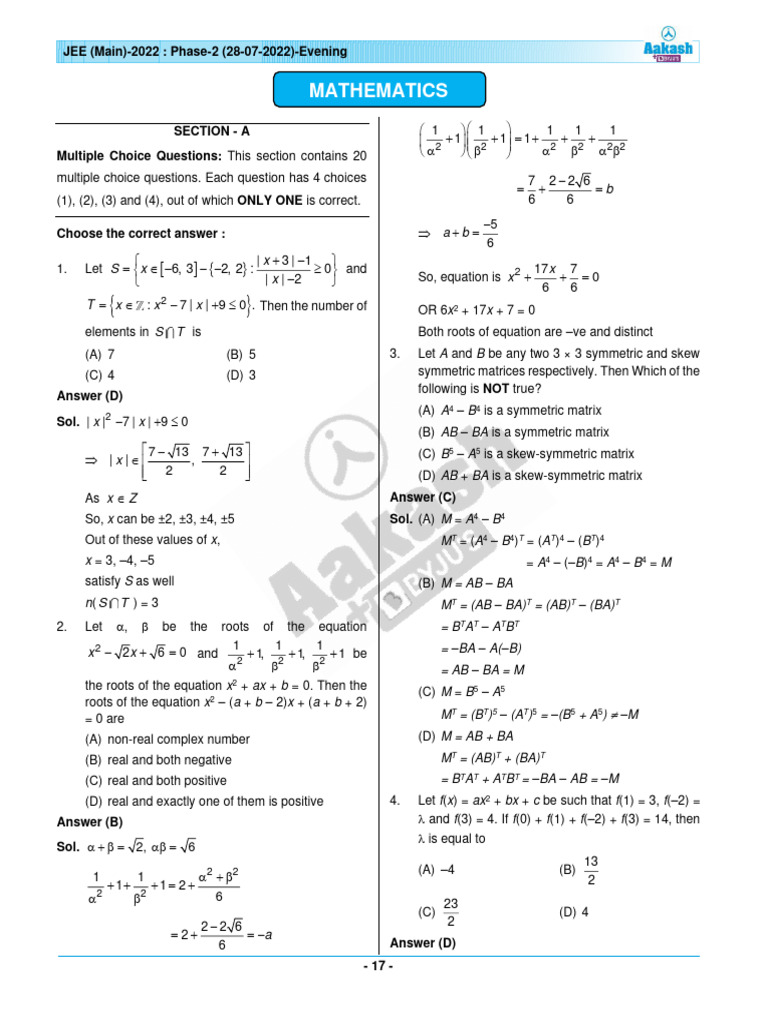 Ans-Sol JEEMain-2022 Phase-2 28-07-2022 E Maths REVISED | PDF | Matrix (Mathematics ...