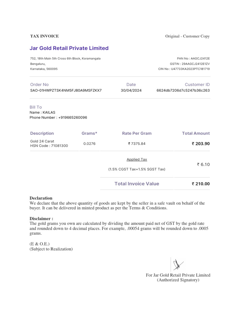 Jar Gold Retail Private Limited: Tax Invoice | PDF