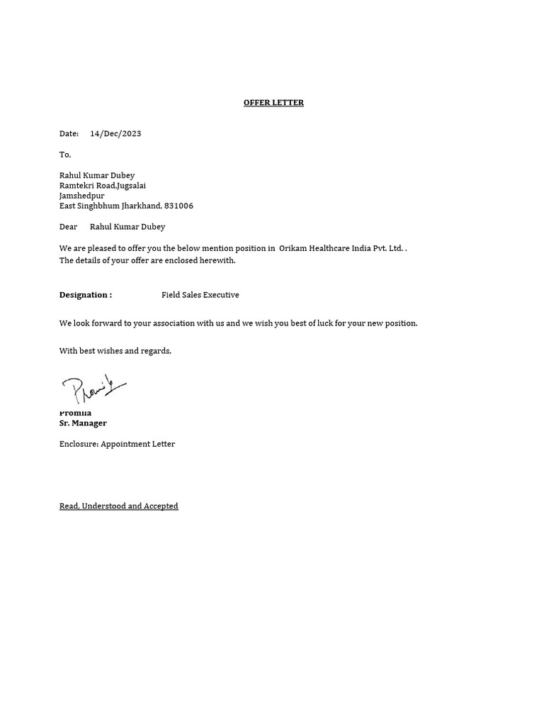 Offer Letter - Field Sales Executive | PDF | Employment | Non ...