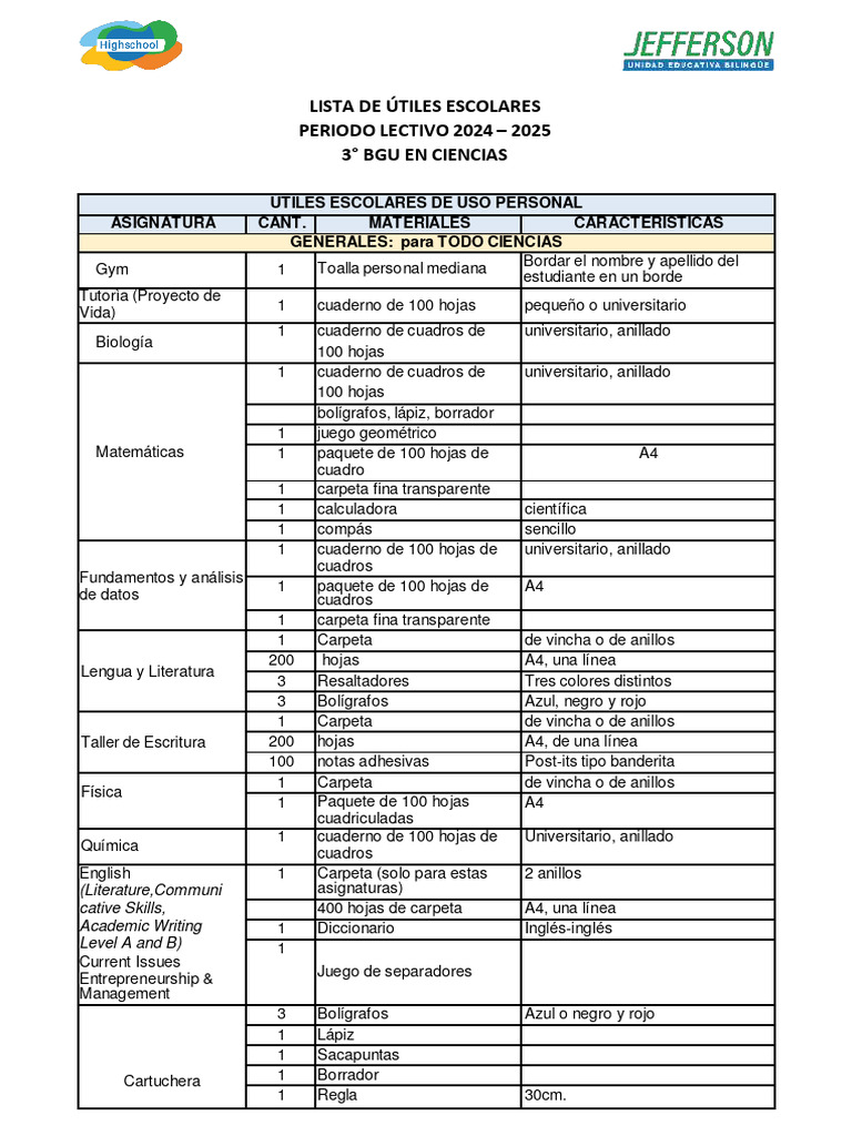 3 - Bgu Ciencias - Lista de - Tiles Escolares 2024 - 2025vf | PDF | Color