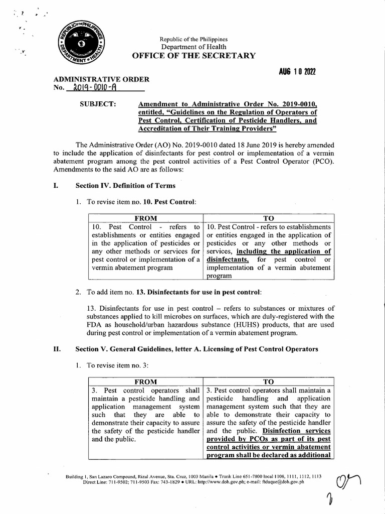 DOH AO No. 2019 0010 A | PDF | Pesticide | Pest Control