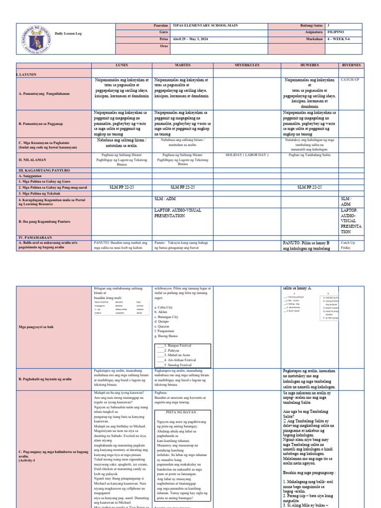 DLL Filipino Q4 W5 | PDF