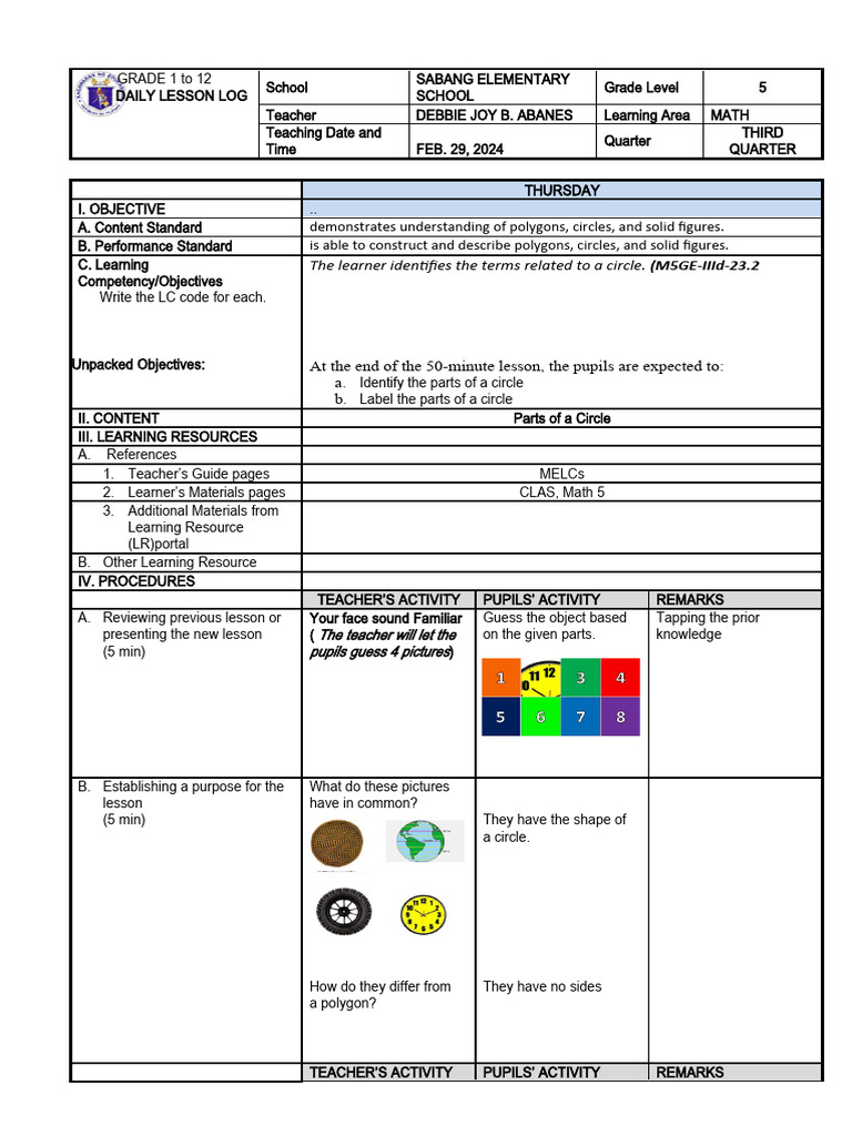 Cot LESSON Math q3 Week 4 | PDF | Circle | Teachers