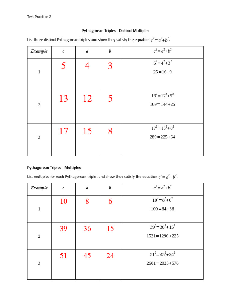 Pythagorean Triples Practice Worksheet | PDF | Mathematics ...