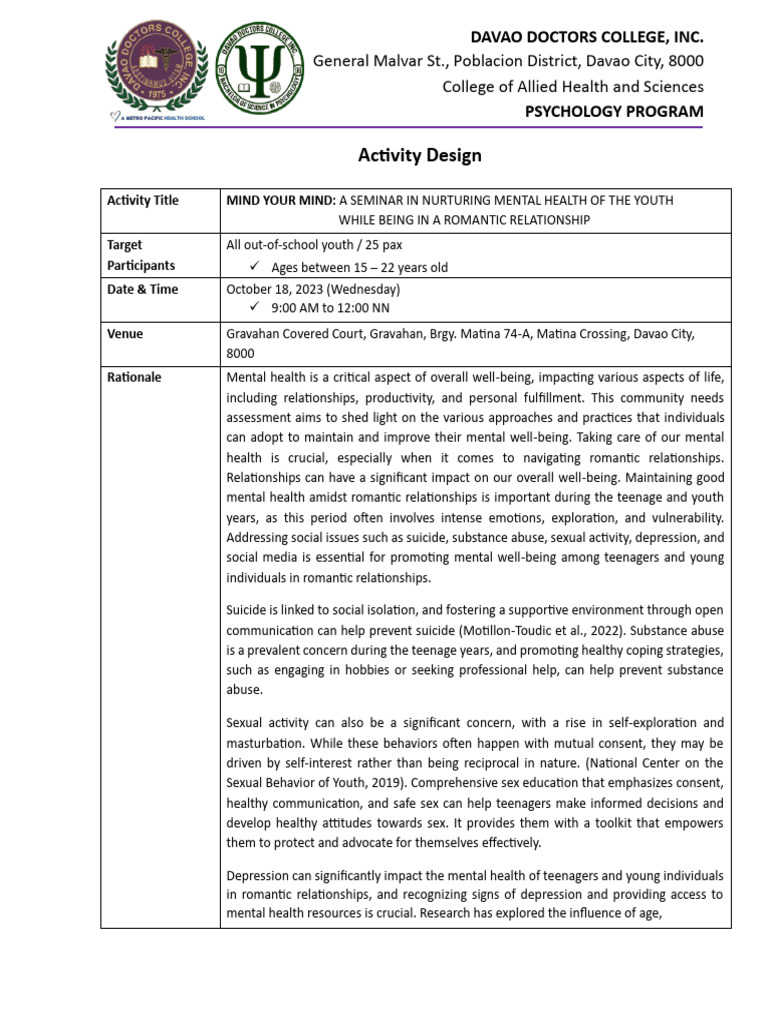 Activity Design Template | Download Free PDF | Mental Health | Adolescence