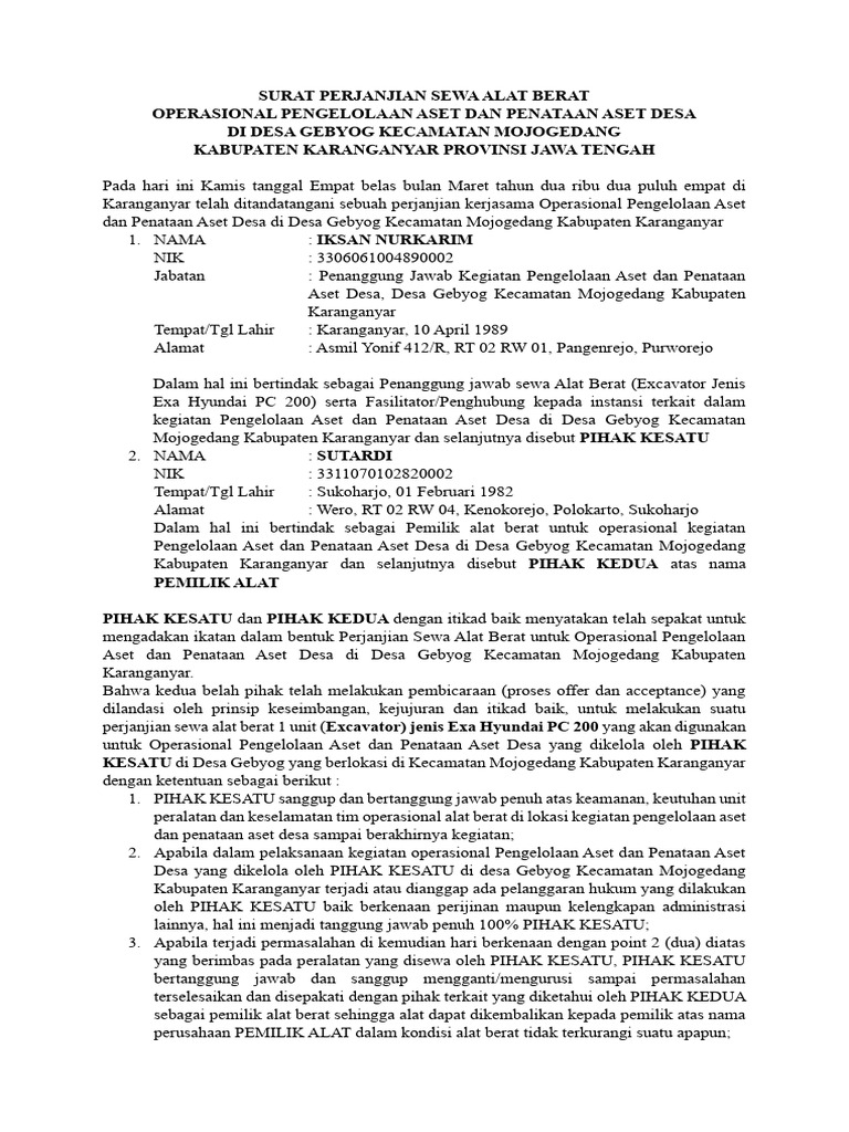 Surat Perjanjian Sewa Alat Berat | PDF