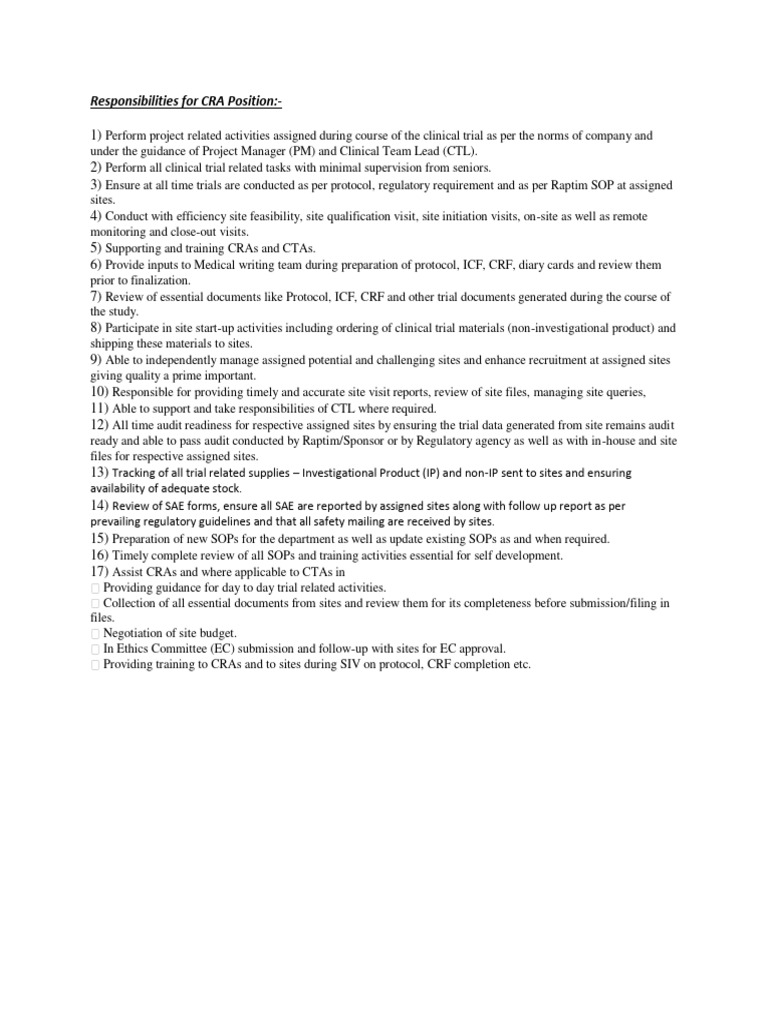 Responsibilities For CRA Position | PDF | Clinical Trial | Medicine
