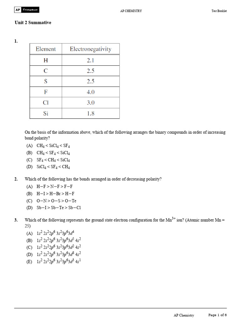 Unit 2 Summative: Ap Chemistry Test Booklet | PDF | Chemical Polarity ...