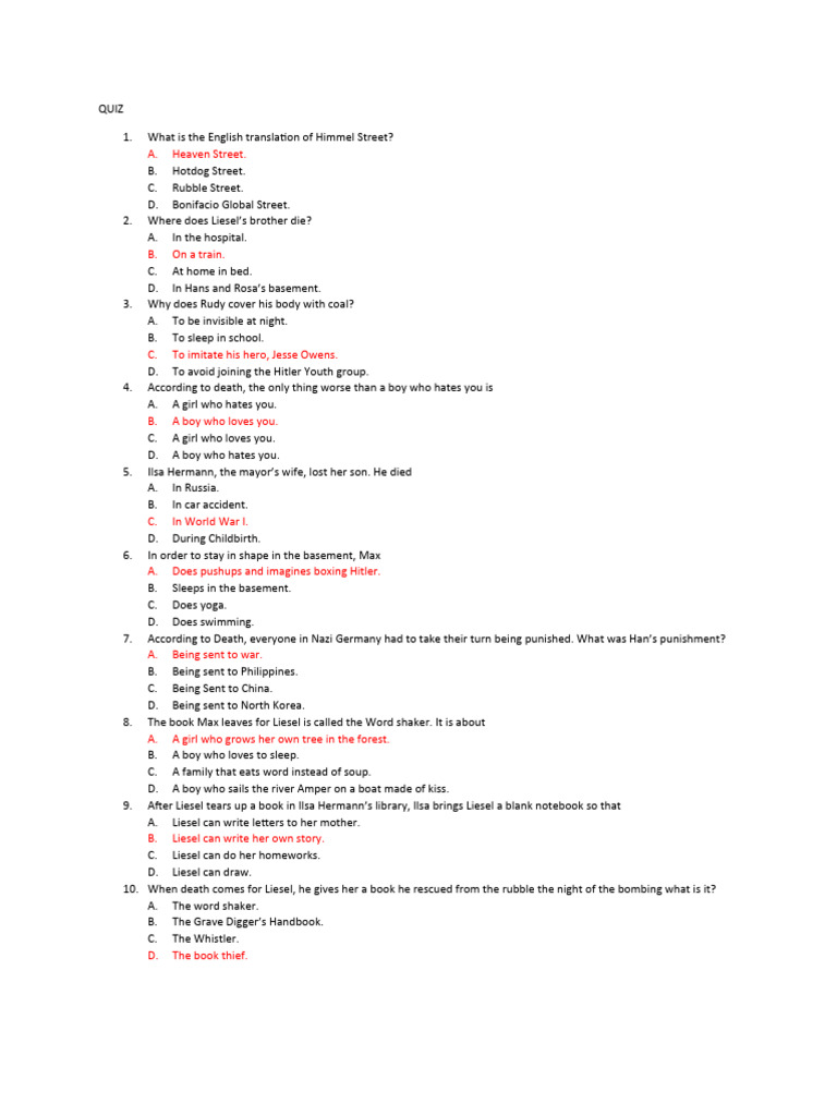 The Book Thief Quiz Questions | PDF