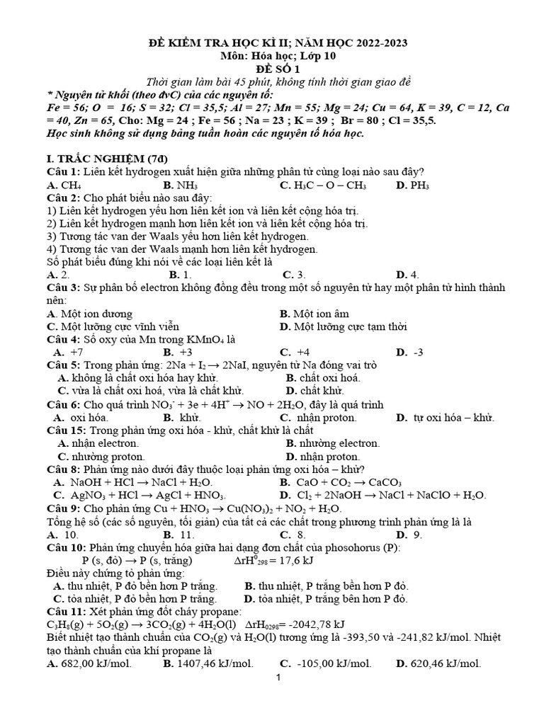 KiemtraHK2 Hoa 10 CTST | PDF