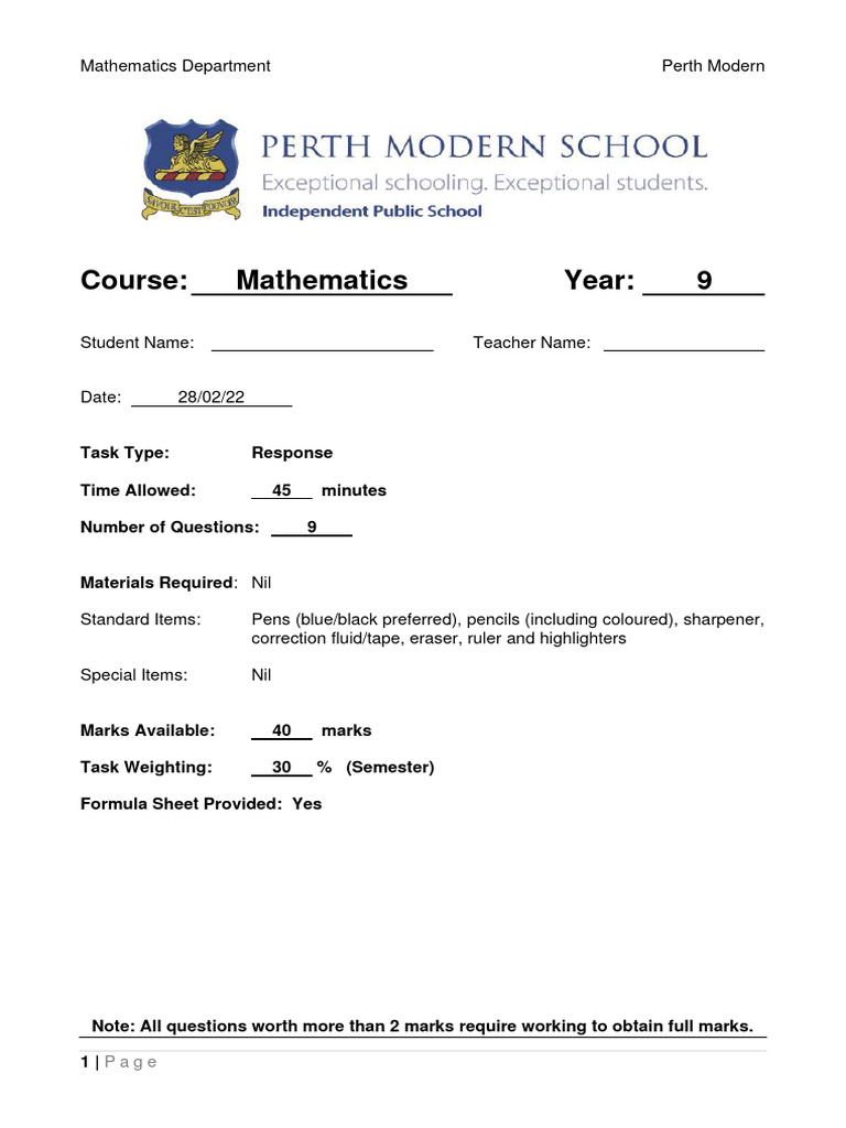 Year 9 Index Laws Test Document | PDF | Decimal | Pi