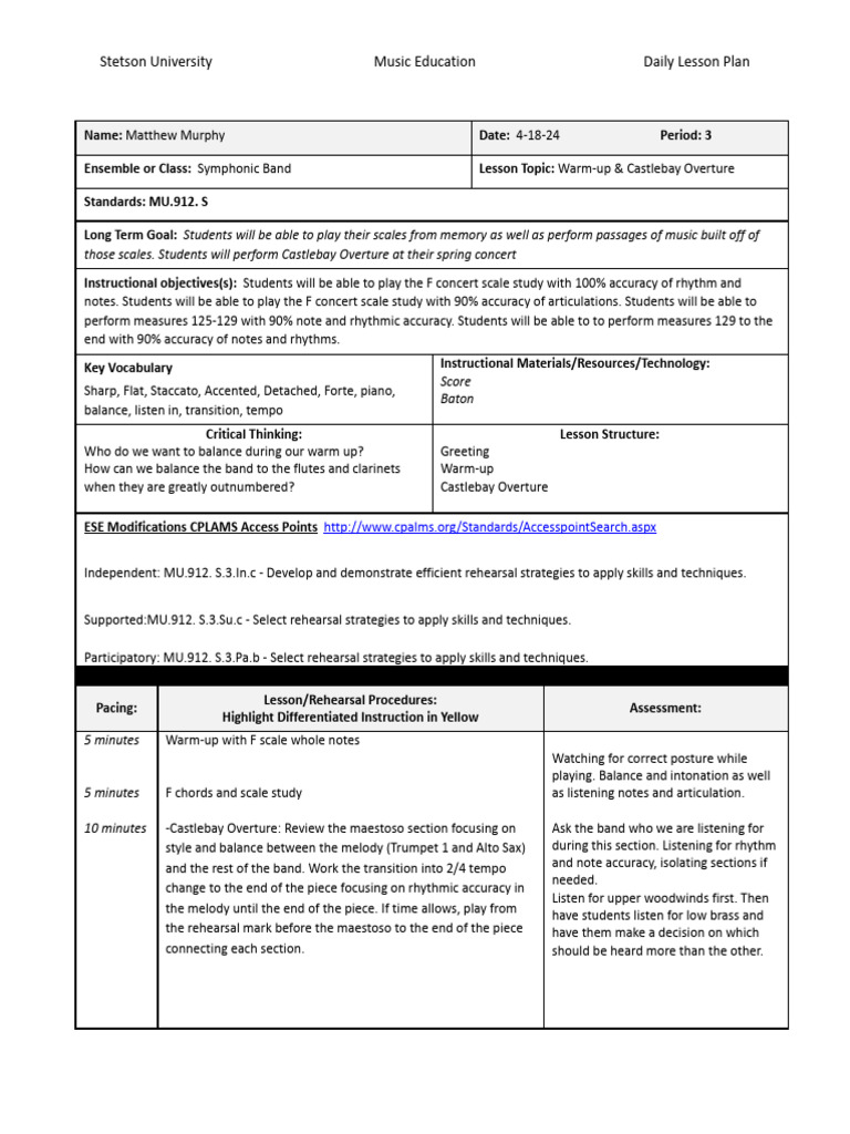 Lesson Plan 4 18 3rd Period | Download Free PDF | Rhythm | Lesson Plan