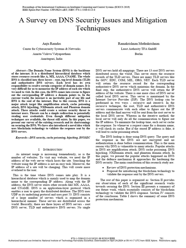 A Survey On DNS Security Issues and Mitigation Techniques | PDF ... A Survey On DNS Security Issues and Mitigation Techniques | PDF ...