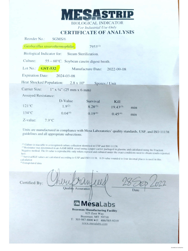 Certificados Indicador Biológico | PDF