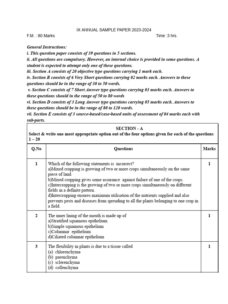 IX Annual Sample Paper 2023-2024 | PDF | Isotope | Chemical Elements