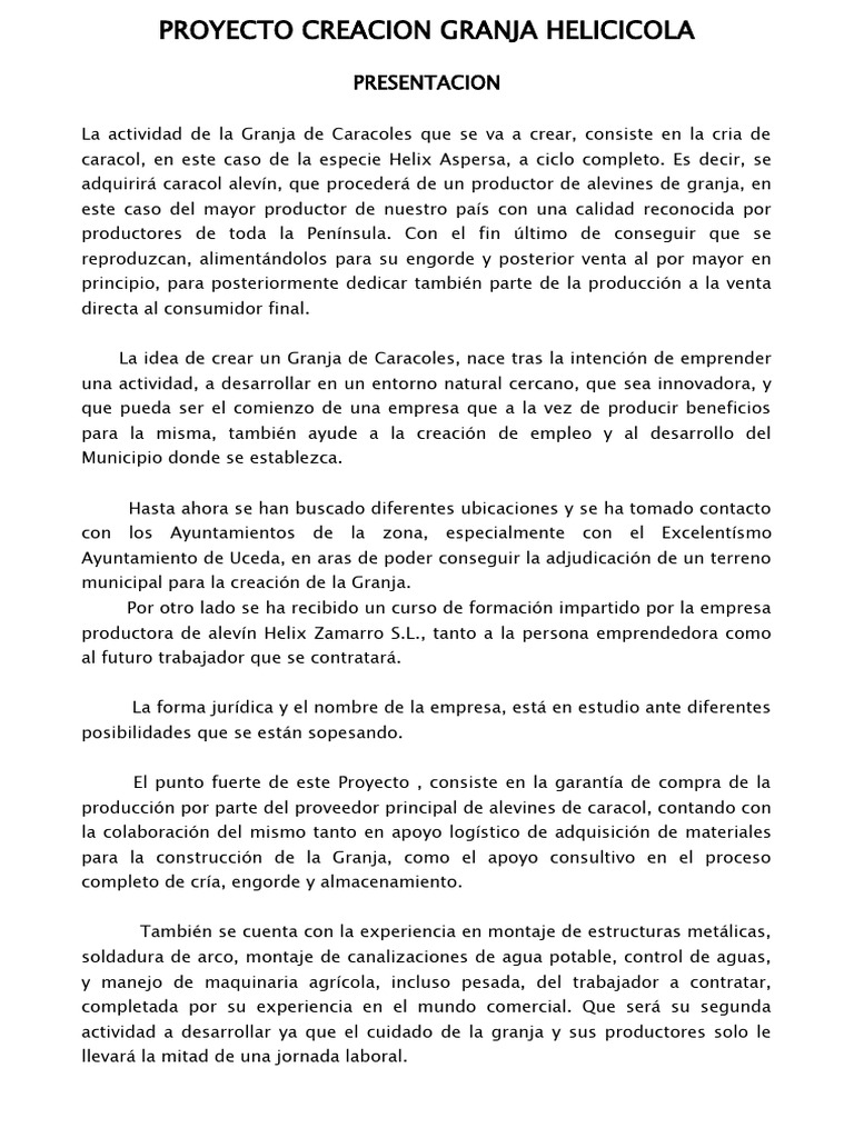 Proyecto Granja de Caracoles | Descargar gratis PDF | Granjas | Marketing