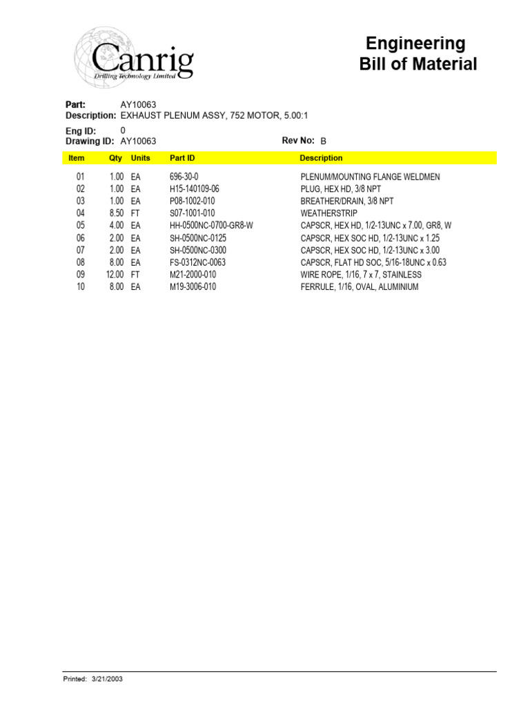 Engineering Bill of Material-110-220 | PDF | Washer (Hardware) | Valve