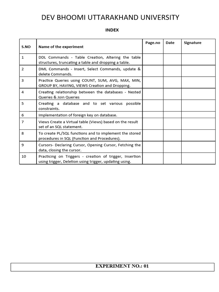 Database Management Experiments Guide | PDF | Pl/Sql | Sql