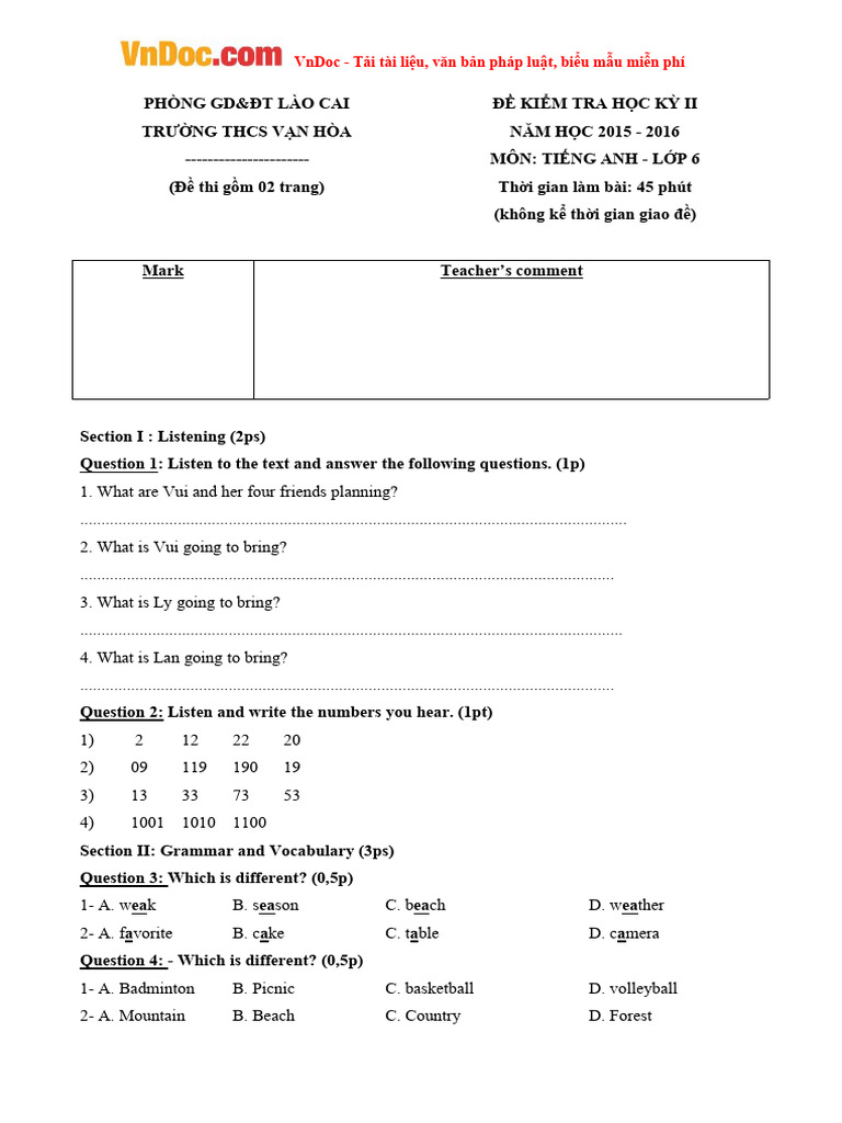 Bo de Thi Hoc Ky 2 Mon Tieng Anh Lop 6 Co Dap An 5 | PDF