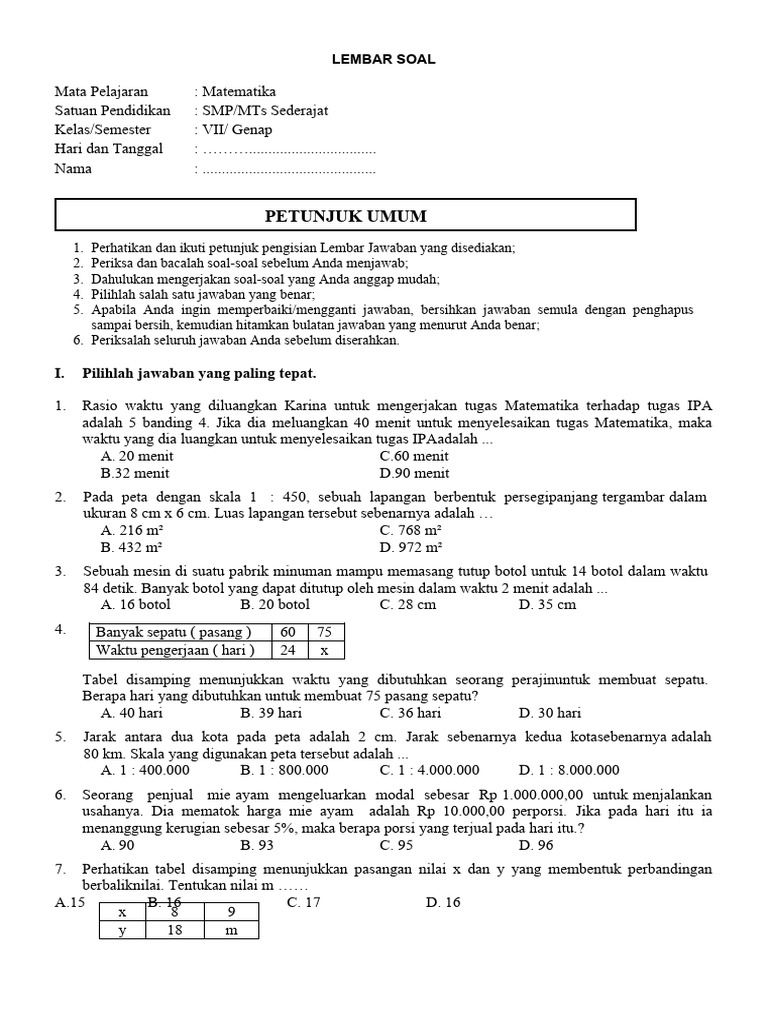 SOAL PAS Kelas 7 Matematika - WWW - Kherysuryawan.id | PDF